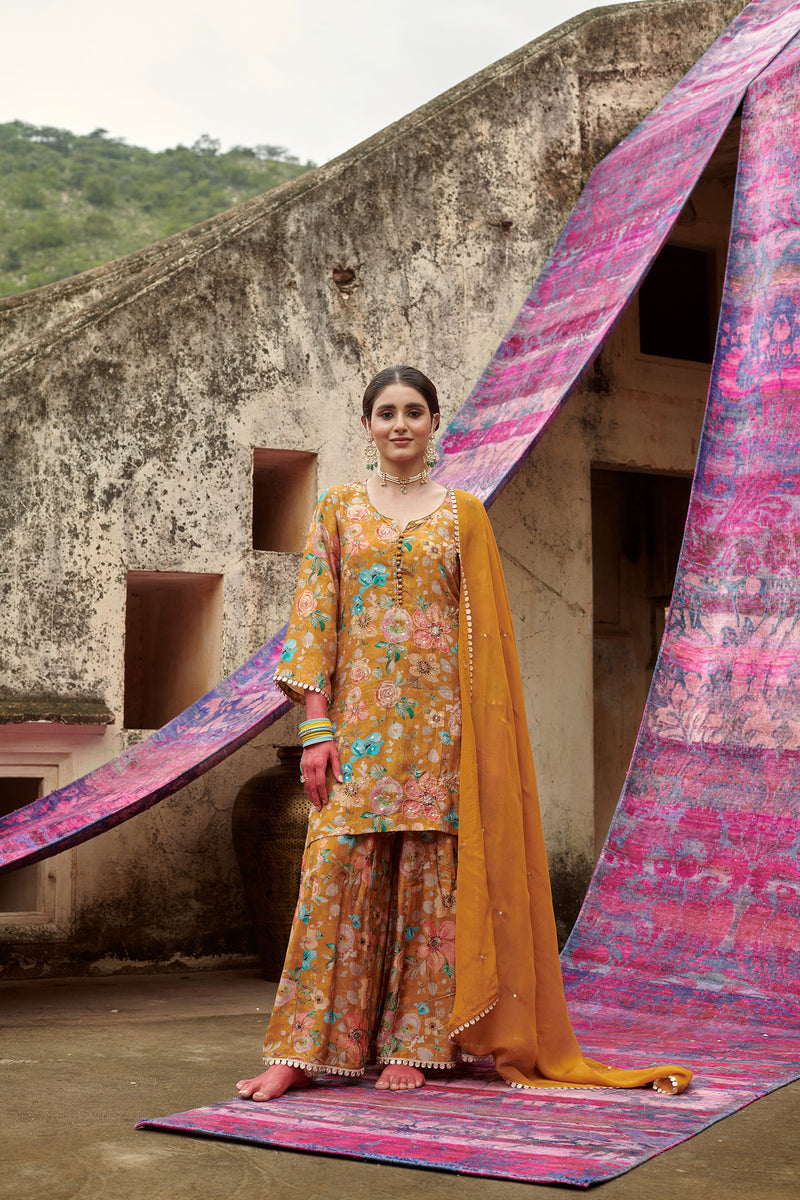 Karaj Jaipur Floral Mustard Garara Set