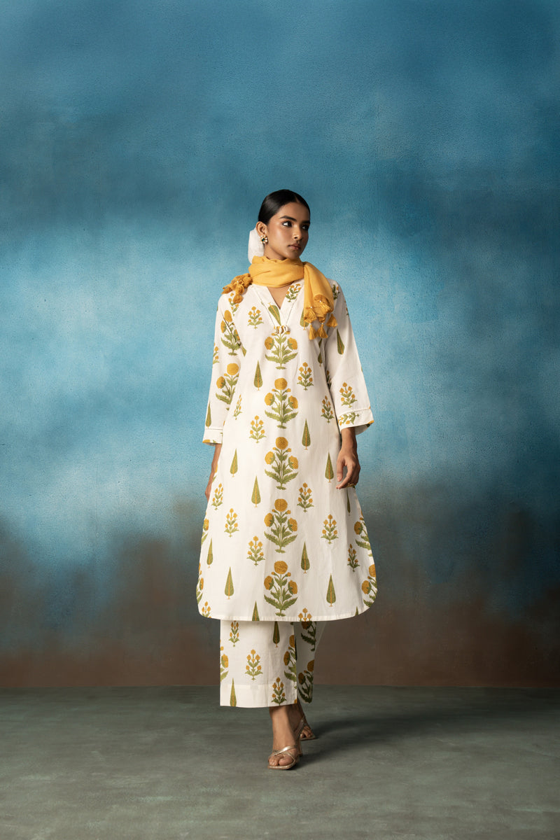 MUSTARD BLOCK PRINT SET WITH STOLE – Karaj jaipur
