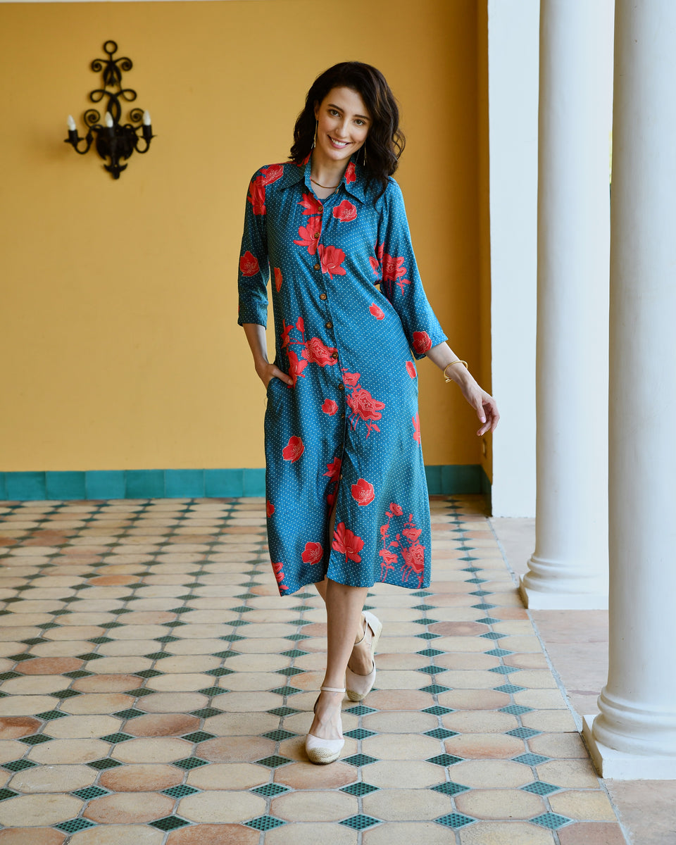 BLUE PRINTED LONG ALINE SHIRT DRESS – Karaj jaipur